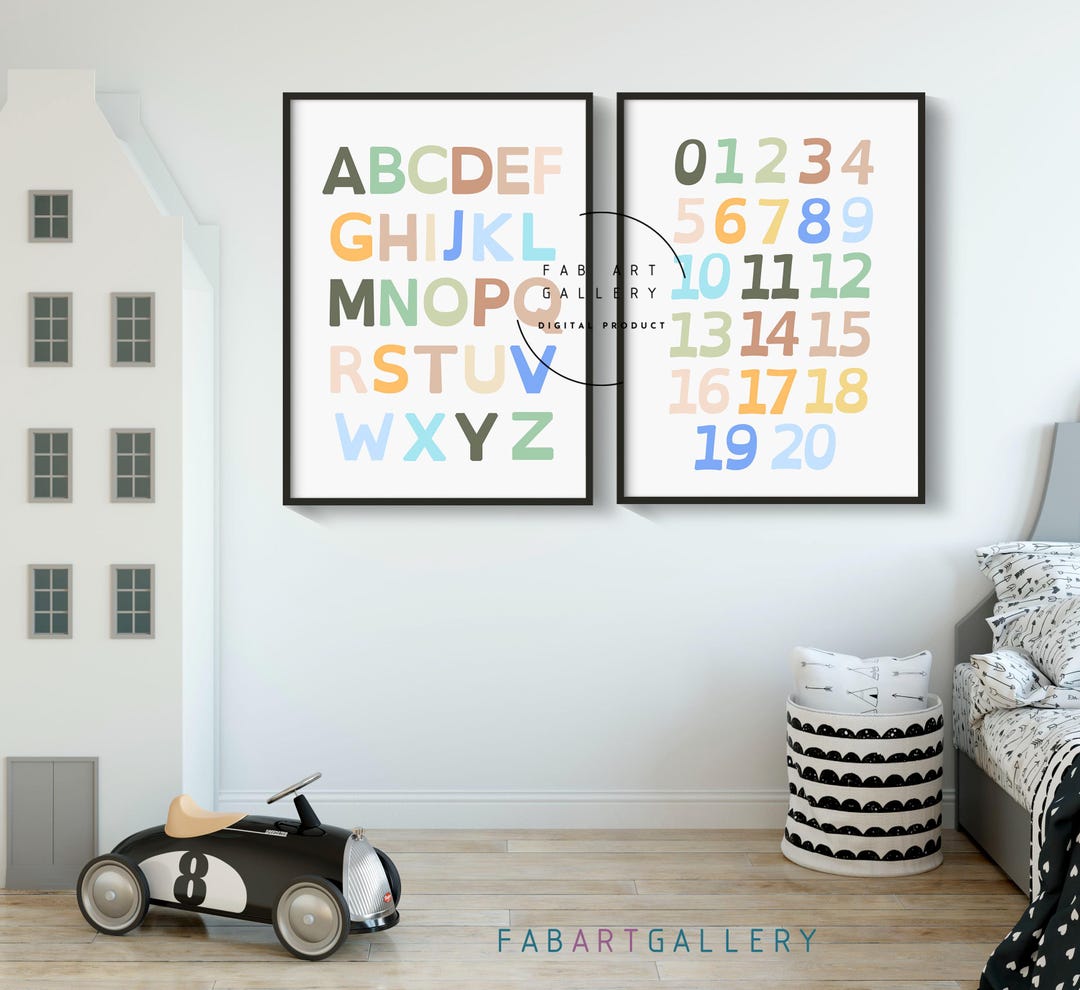 Set of 2 Learning Posters, Alphabet and Numbers, Pastel Colors Kid's ...