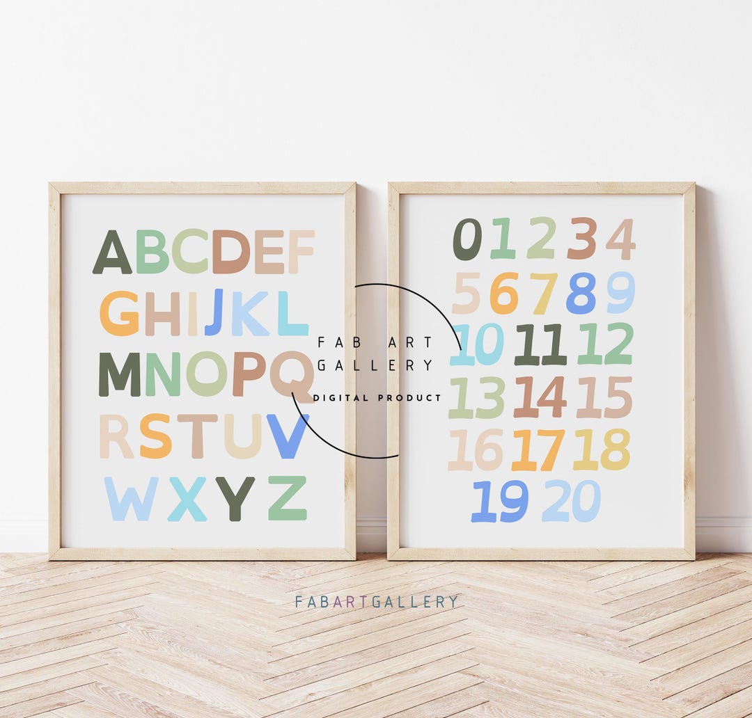 Set of 2 Learning Posters, Pastel Colors Alphabet and Numbers, Kid's ...
