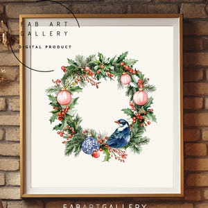 Vintage Christmas Wreath Poster, Holiday Wall Art, Xmas Printable ...