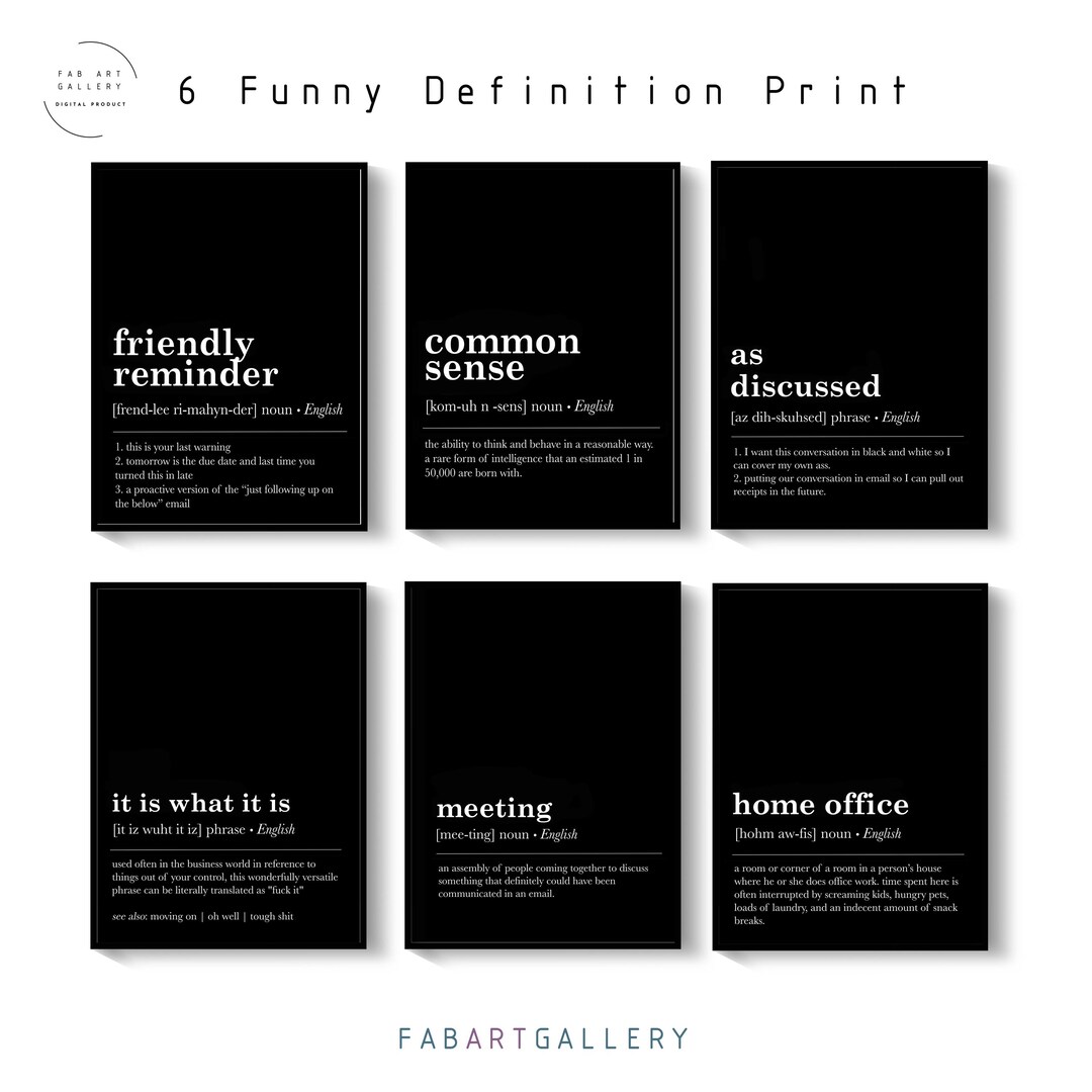 Funny Definition Posters, Set of 6 Home Office Prints, Black and White ...