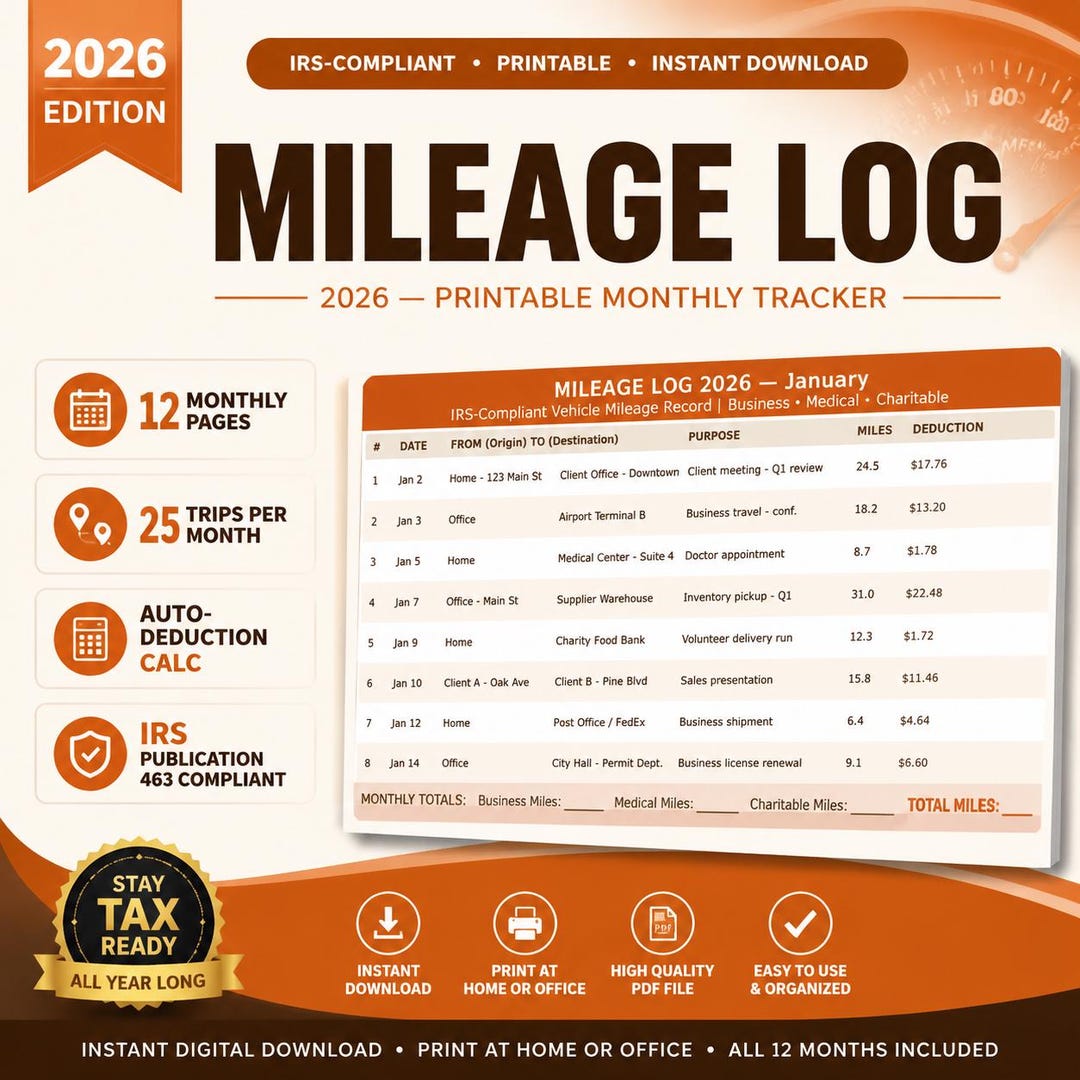 Mileage Log Printable 2026, Vehicle Miles Tracker PDF, IRS Compliant ...
