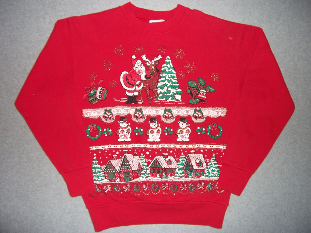 Amazing Vintage Winter Wonderland Santa Reindeer Snowmen Red Sweatshirt ...