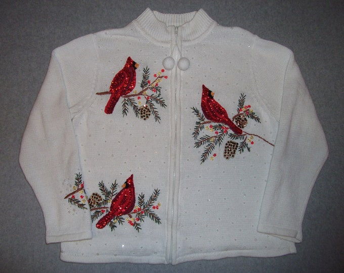 Beautiful Red Cardinal Birds Zip up Winter Sweater Cardinals Beads ...