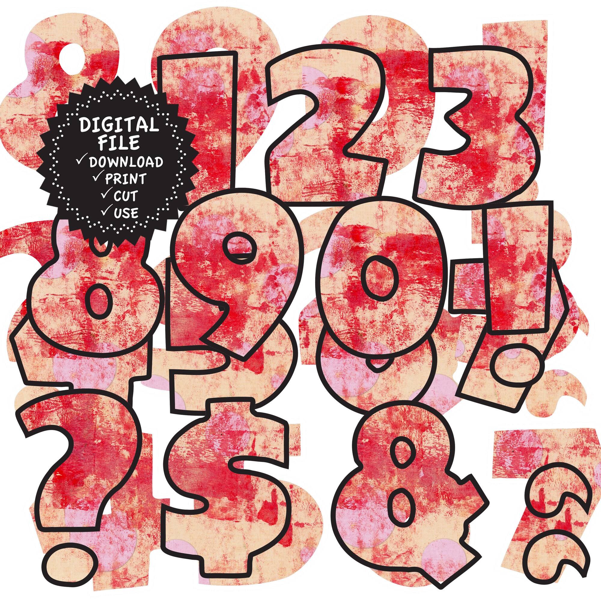 Numbers Printable Painted Red Pink Texture Collage Numbers Symbols ...