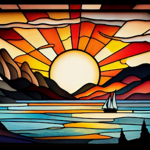 Sunrise Over Lake Stained Glass Window Pattern Print Download - Etsy