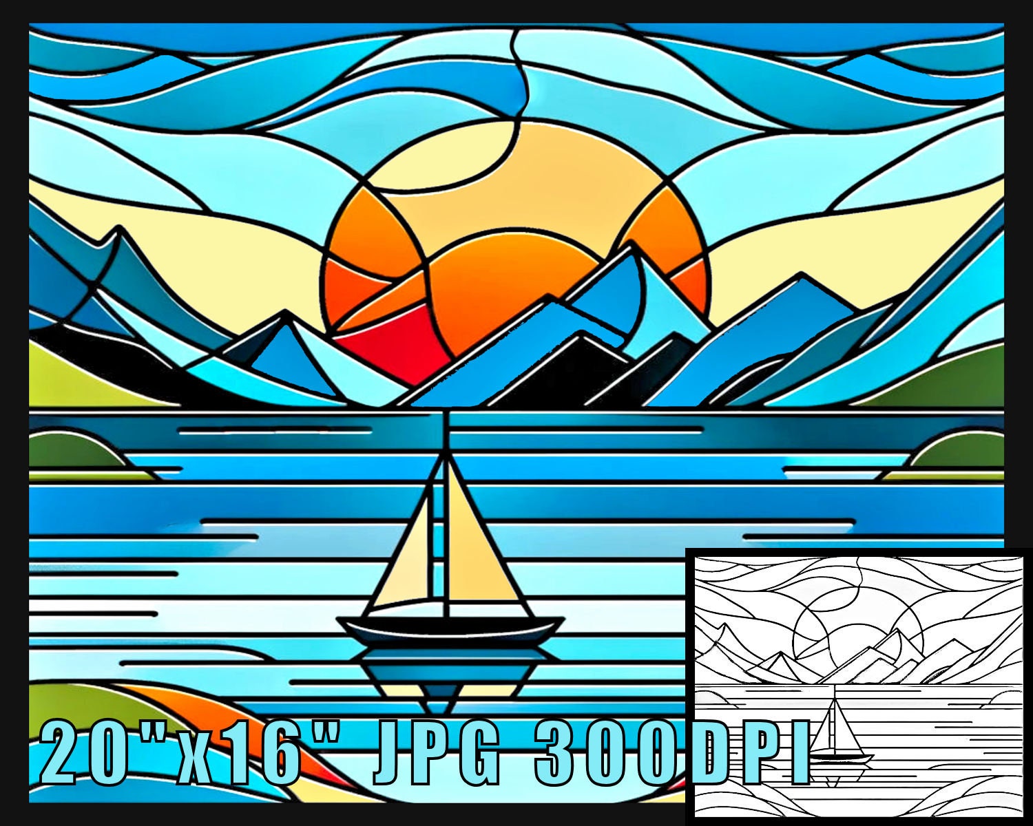 Sailboat Sunrise Over Lake Stained Glass Window Style Print, Download ...