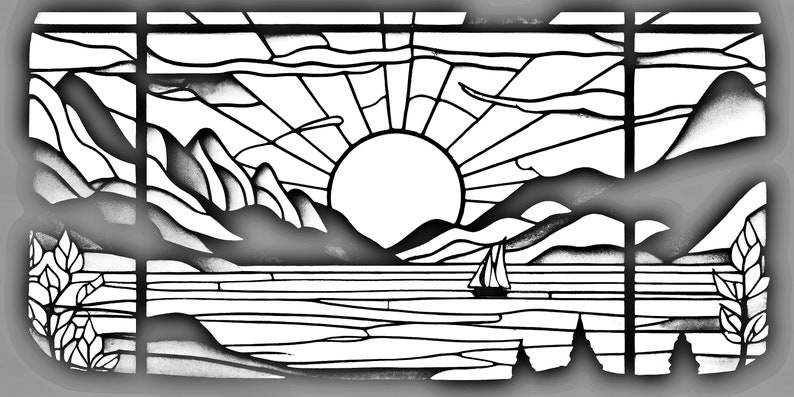 Sunrise Over Lake Stained Glass Window Style Print, Download Digital ...