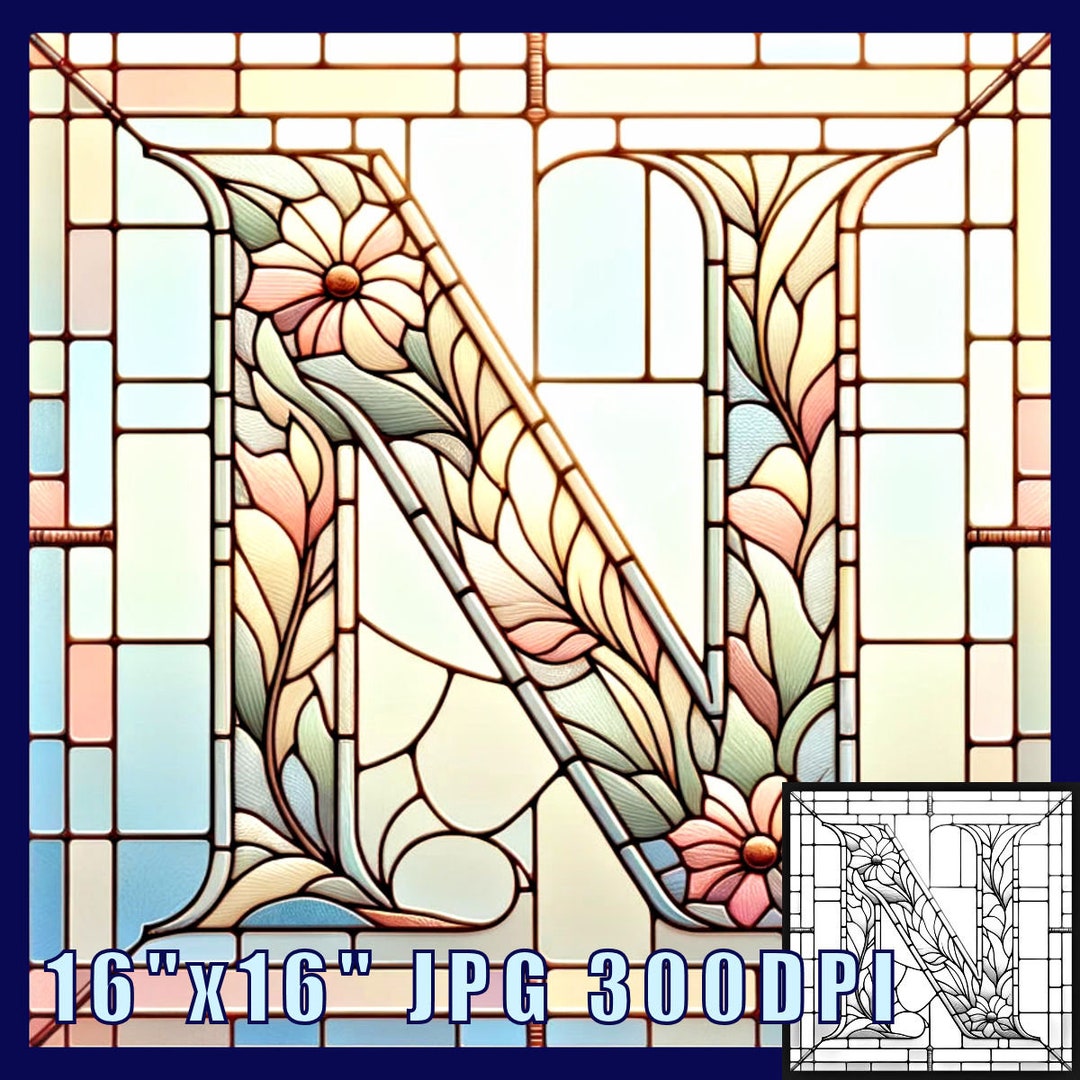 Floral Initial Letter N Stained Glass Style Print, Download Digital JPG ...