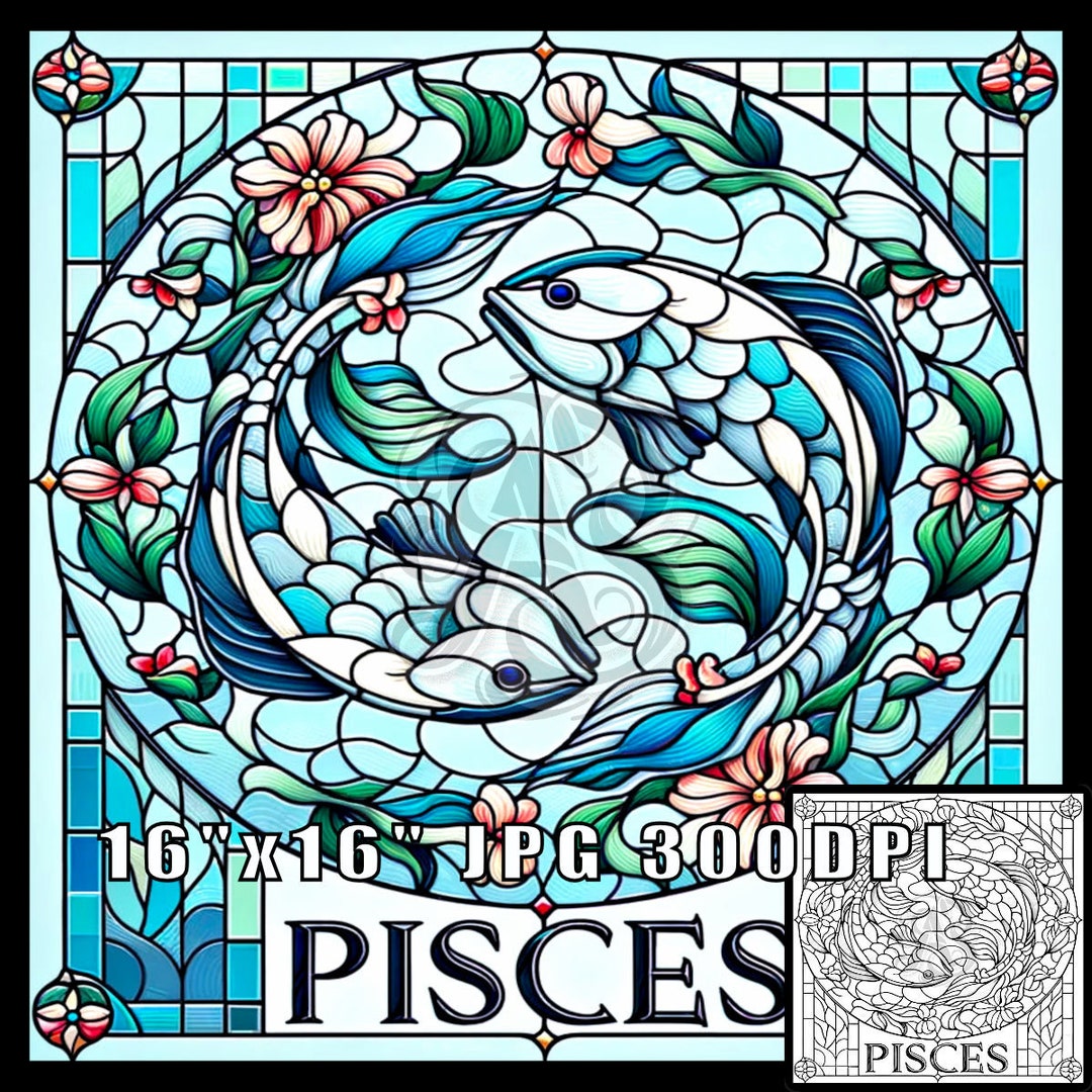 Zodiac Sign Pisces Stained Glass Style Prints Personalized Digital Arts ...