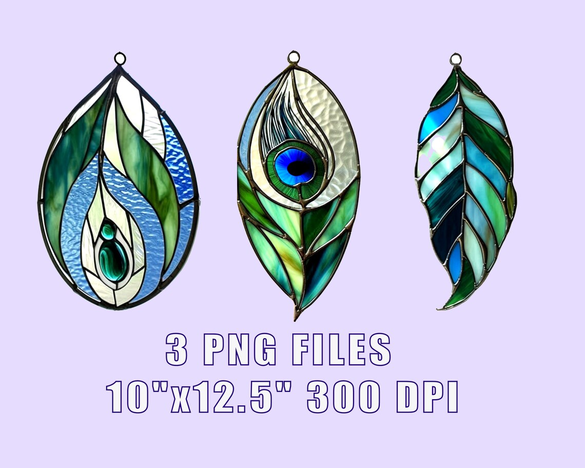 Three Peacock Feather Stained Glass Pattern Prints, Download Digital ...