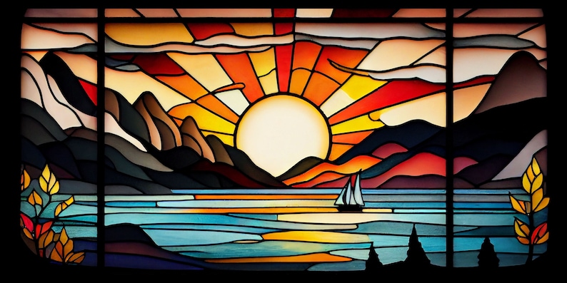Sunrise Over Lake Stained Glass Window Pattern Print Download - Etsy