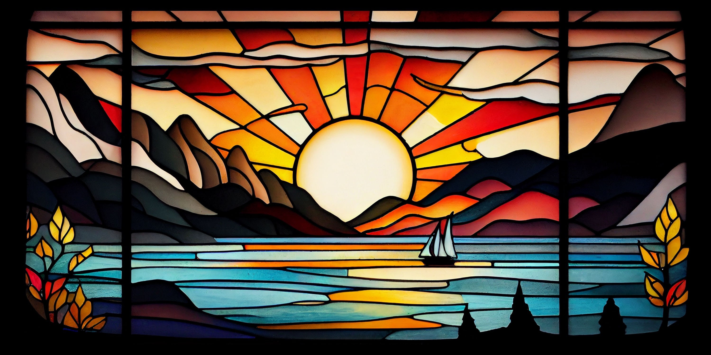 Sunrise Over Lake Stained Glass Window Pattern Print Download - Etsy