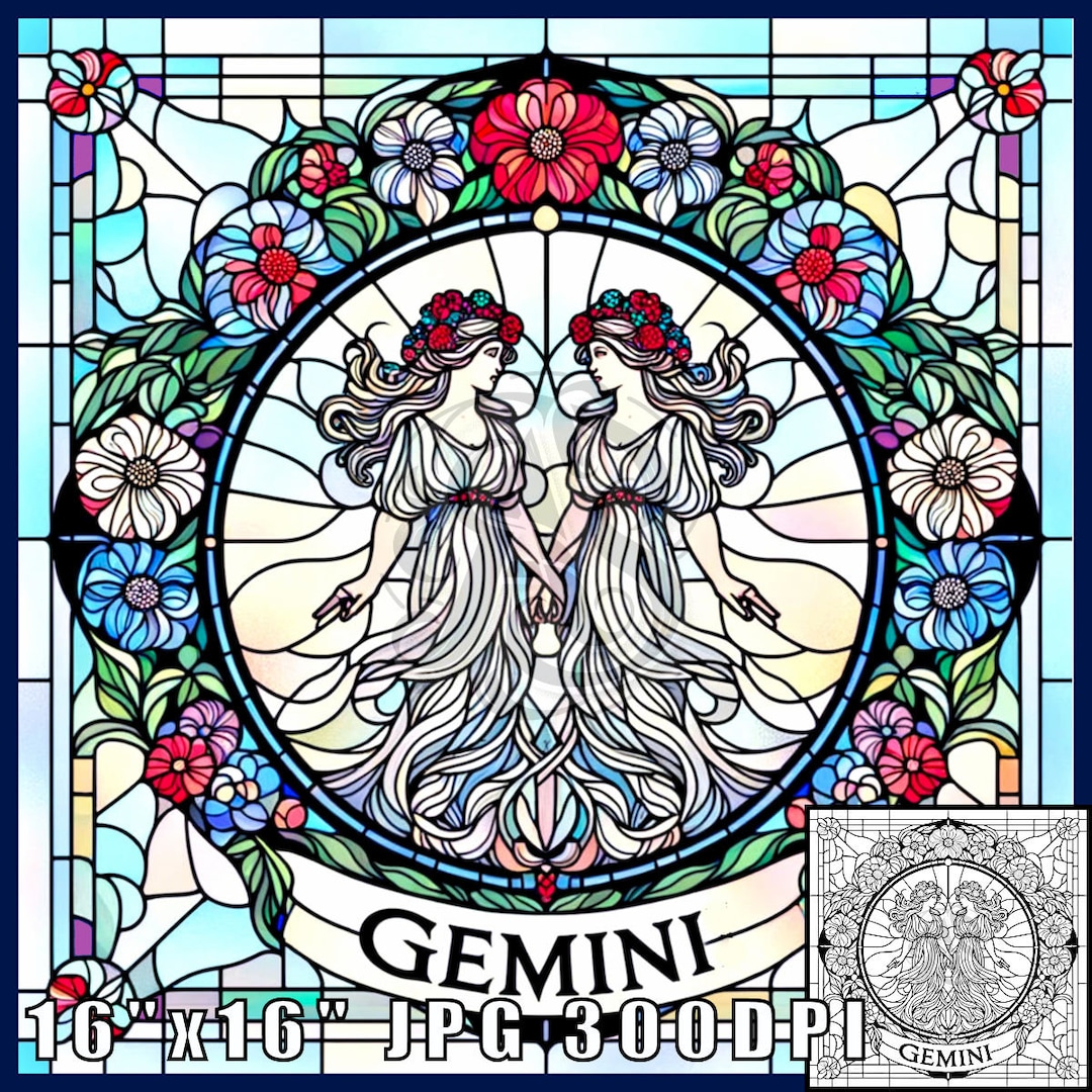 Zodiac Sign Gemini Stained Glass Pattern Prints Personalized Digital ...