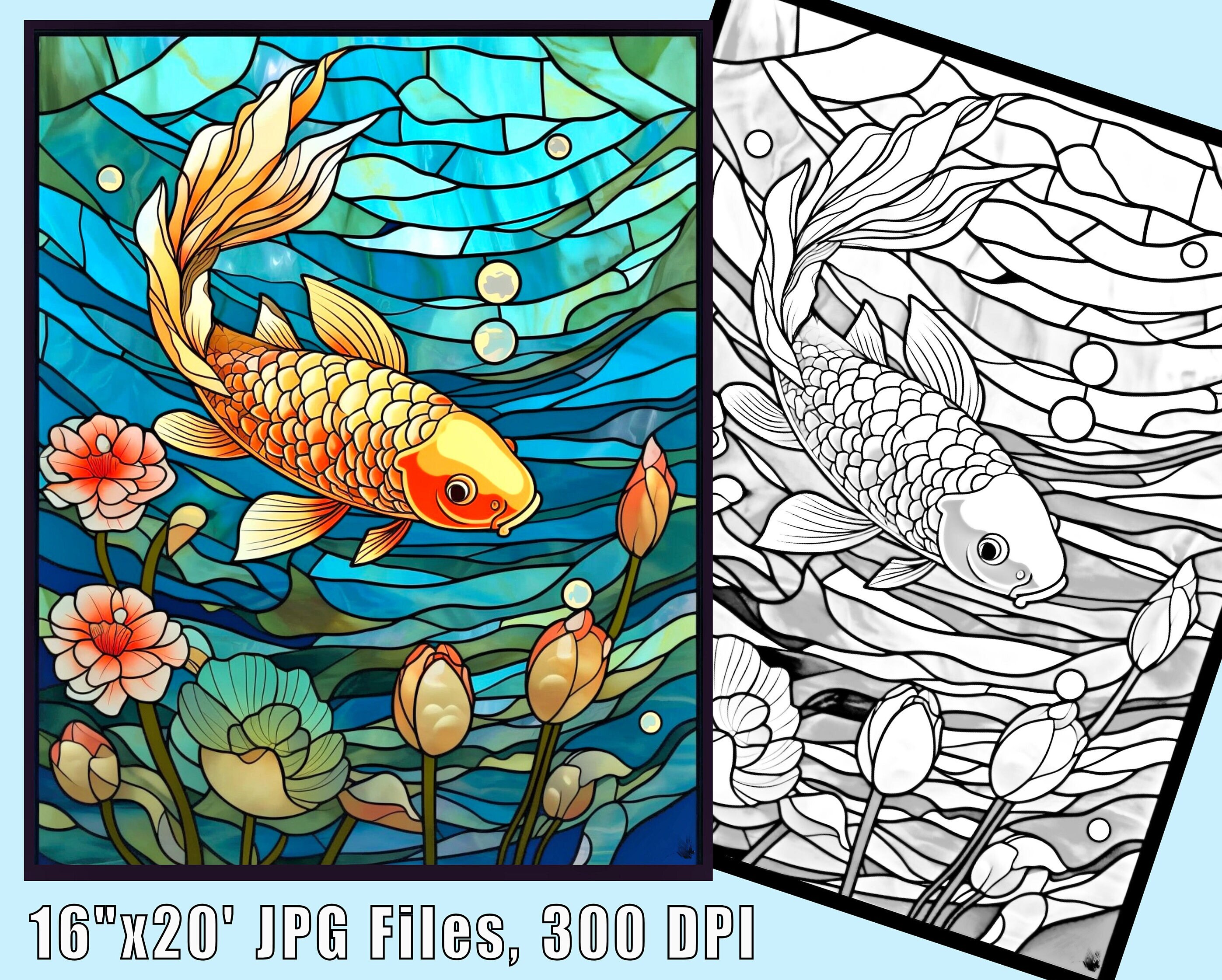 Koi Fish Stained Glass Pattern Print Download Digital Art Koi Floral ...