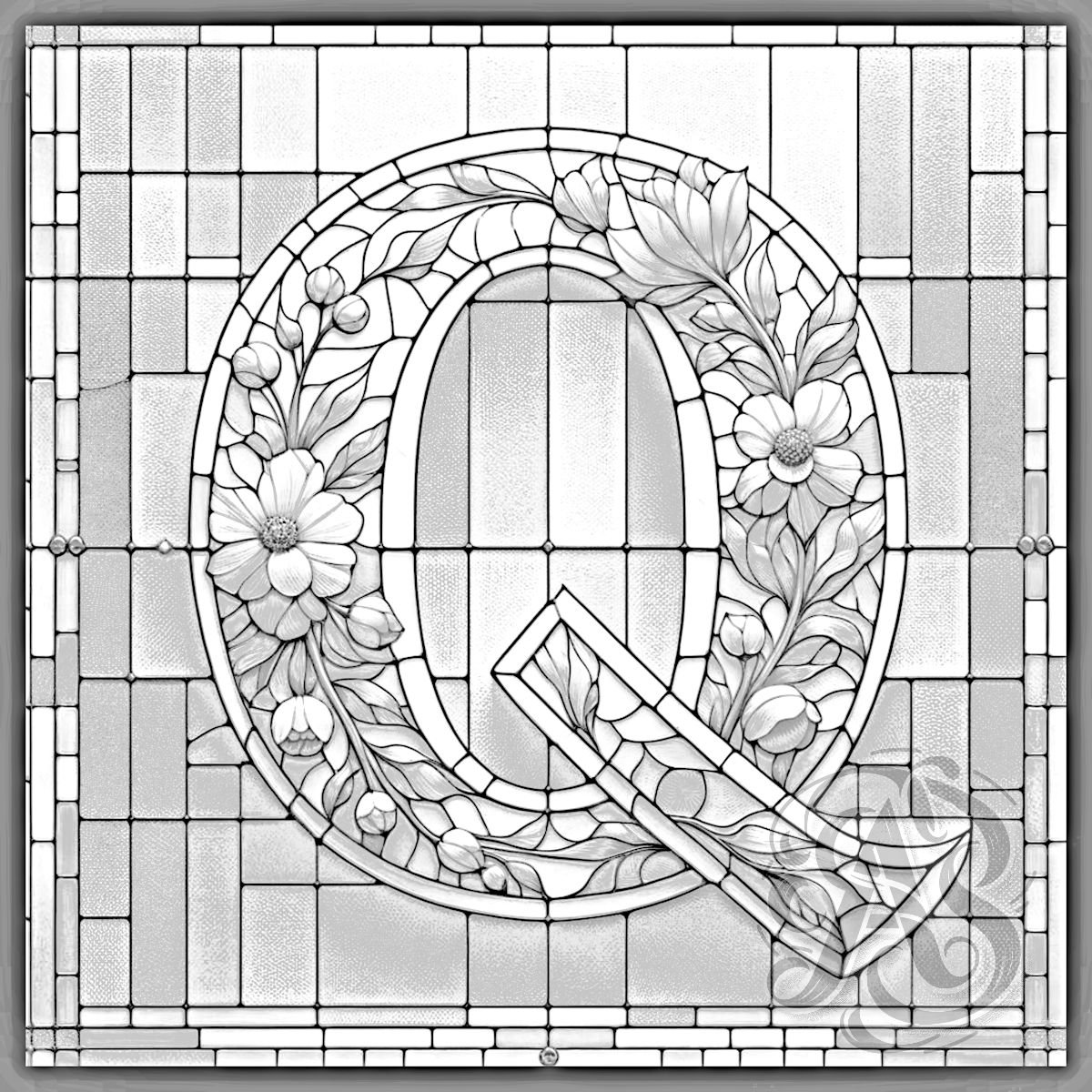 Floral Initial Letter Q Stained Glass Style Print, Download Digital JPG ...