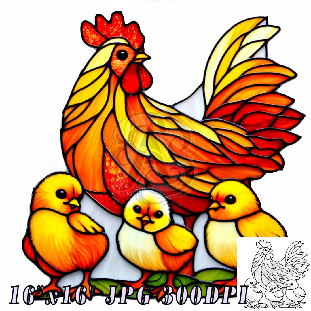 Chicken Family Stained Glass Pattern Print, Download Digital Wall Art ...
