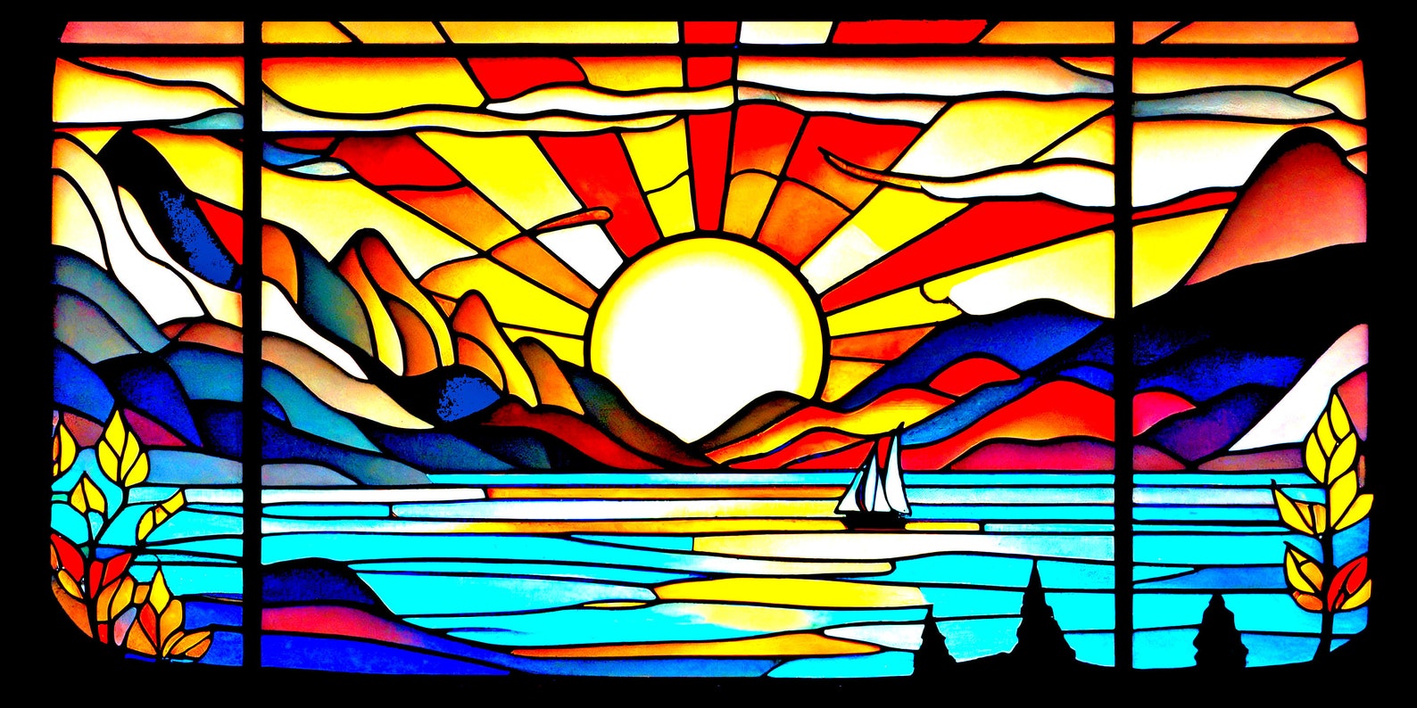 Sunrise Over Lake Stained Glass Window Style Print, Download Digital ...