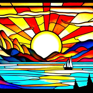 Sunrise Over Lake Stained Glass Window Style Print, Download Digital ...