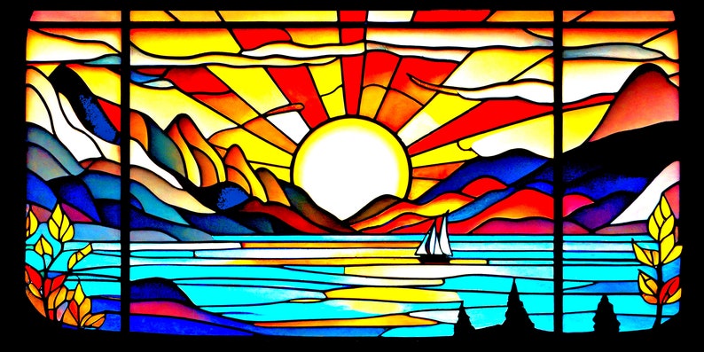 Sunrise Over Lake Stained Glass Window Style Print, Download Digital ...