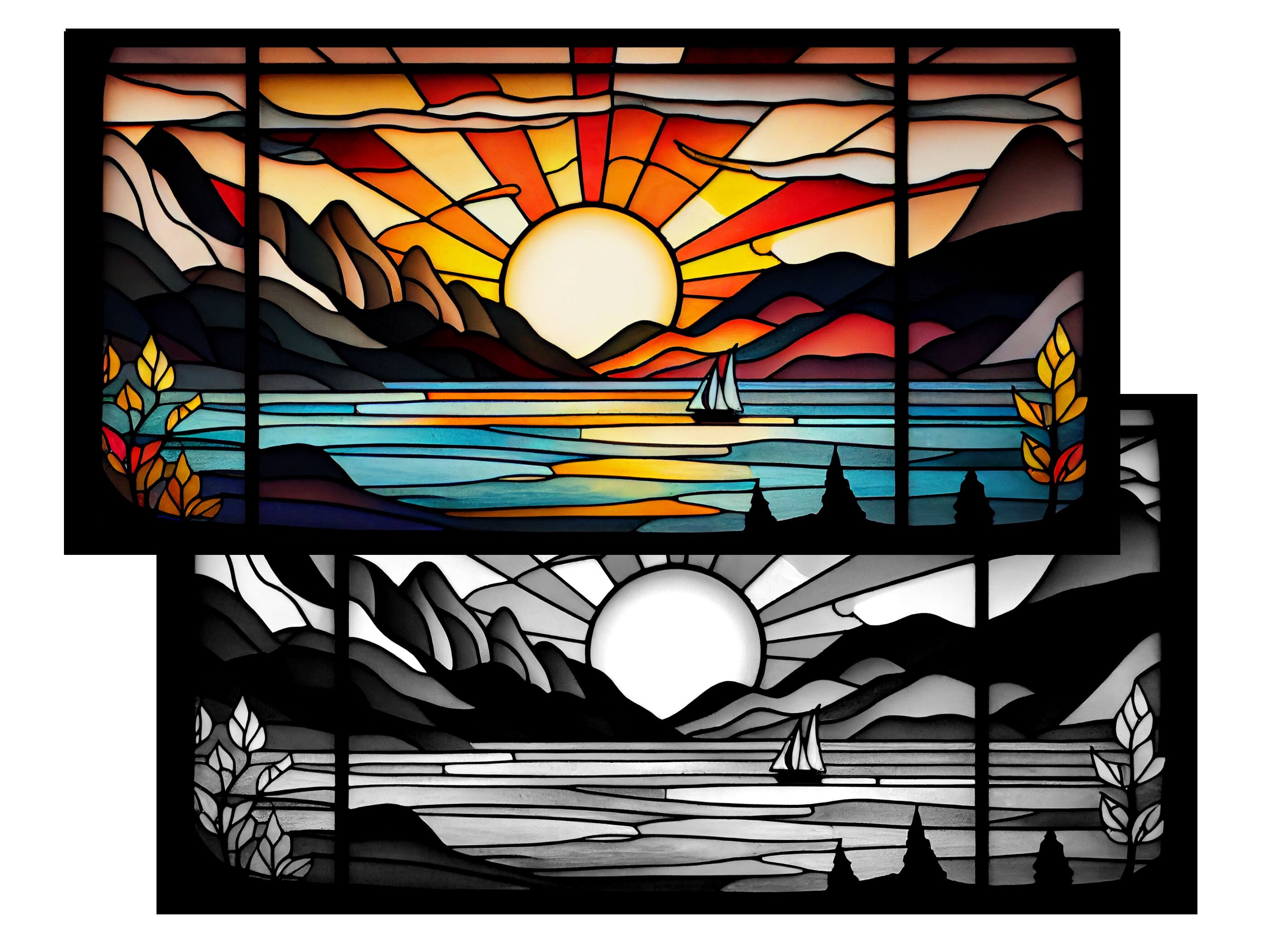 Sunrise Over Lake Stained Glass Window Pattern Print Download - Etsy