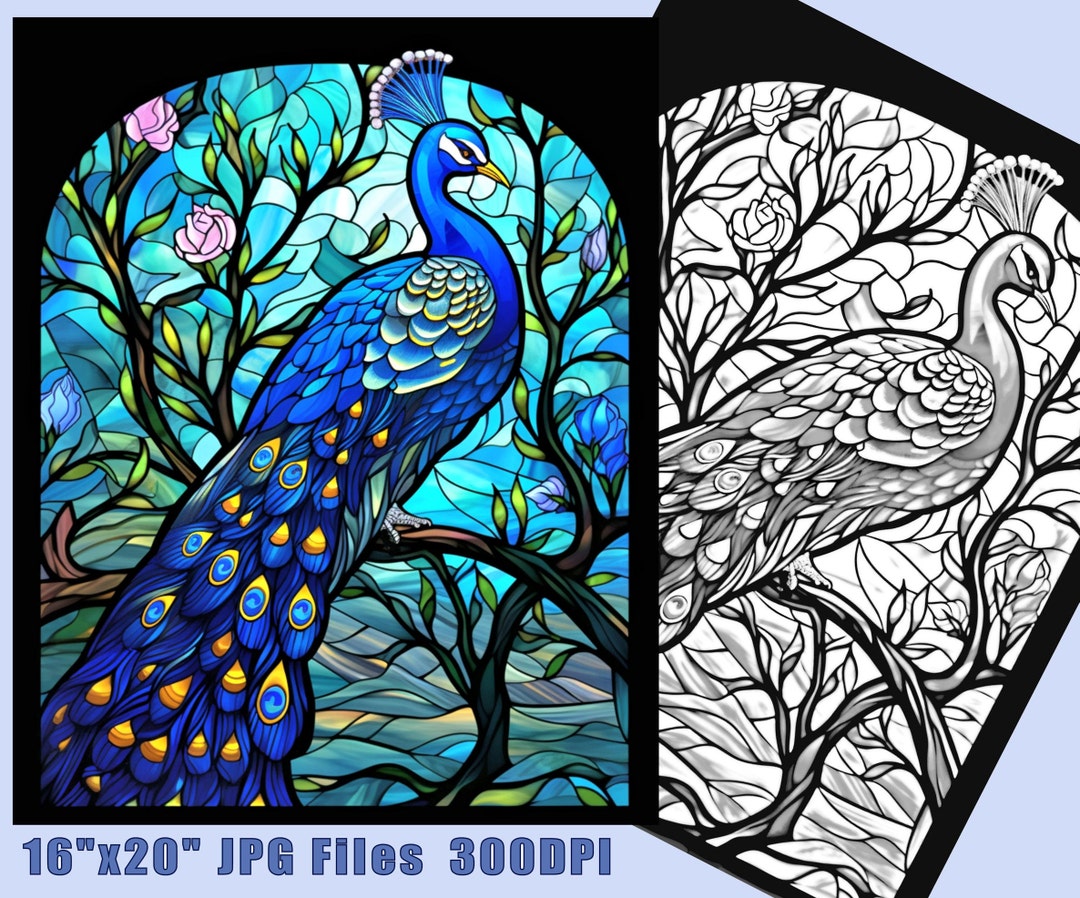 Peacock Window Stained Glass Pattern Print, Download Digital Art ...