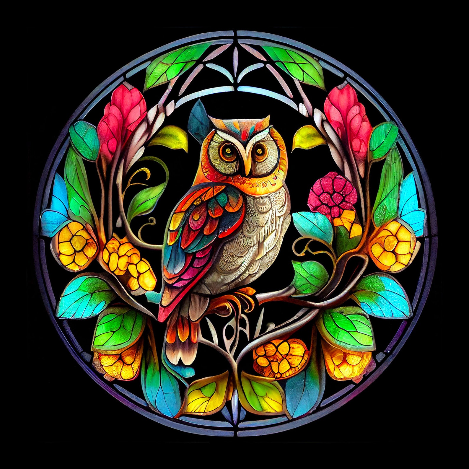 Round Owl Night Stained Glass Style Print, Download Digital Art ...