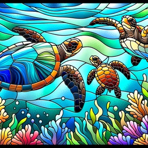 Turtle Family Stained Glass Pattern Print, Download Digital Art ...