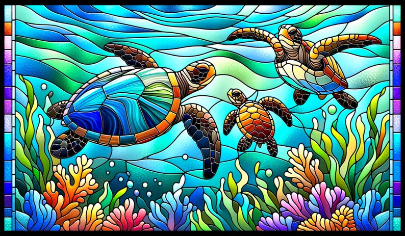 Turtle Family Stained Glass Pattern Print, Download Digital Art ...