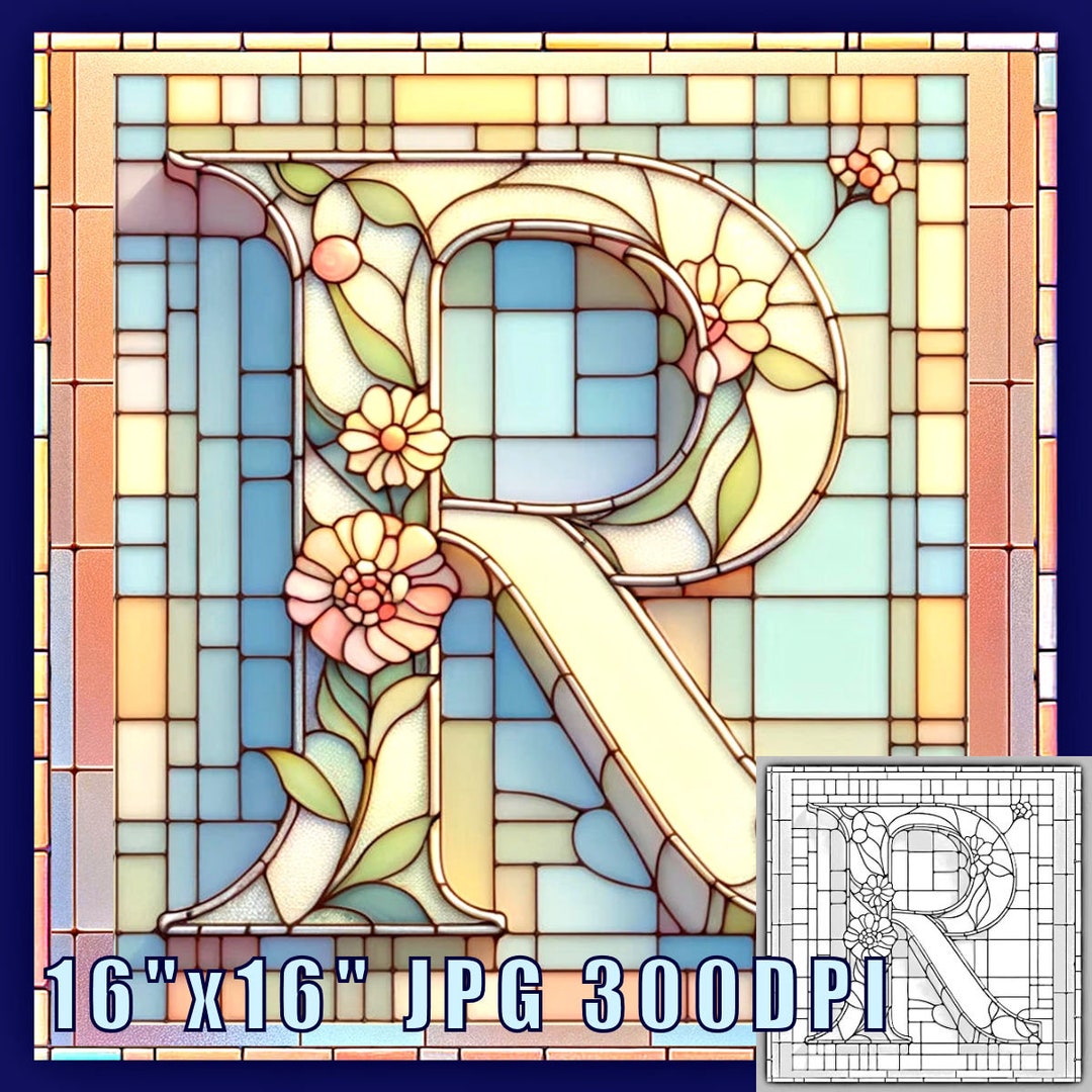 Floral Initial Letter R Stained Glass Style Print, Download Digital JPG ...