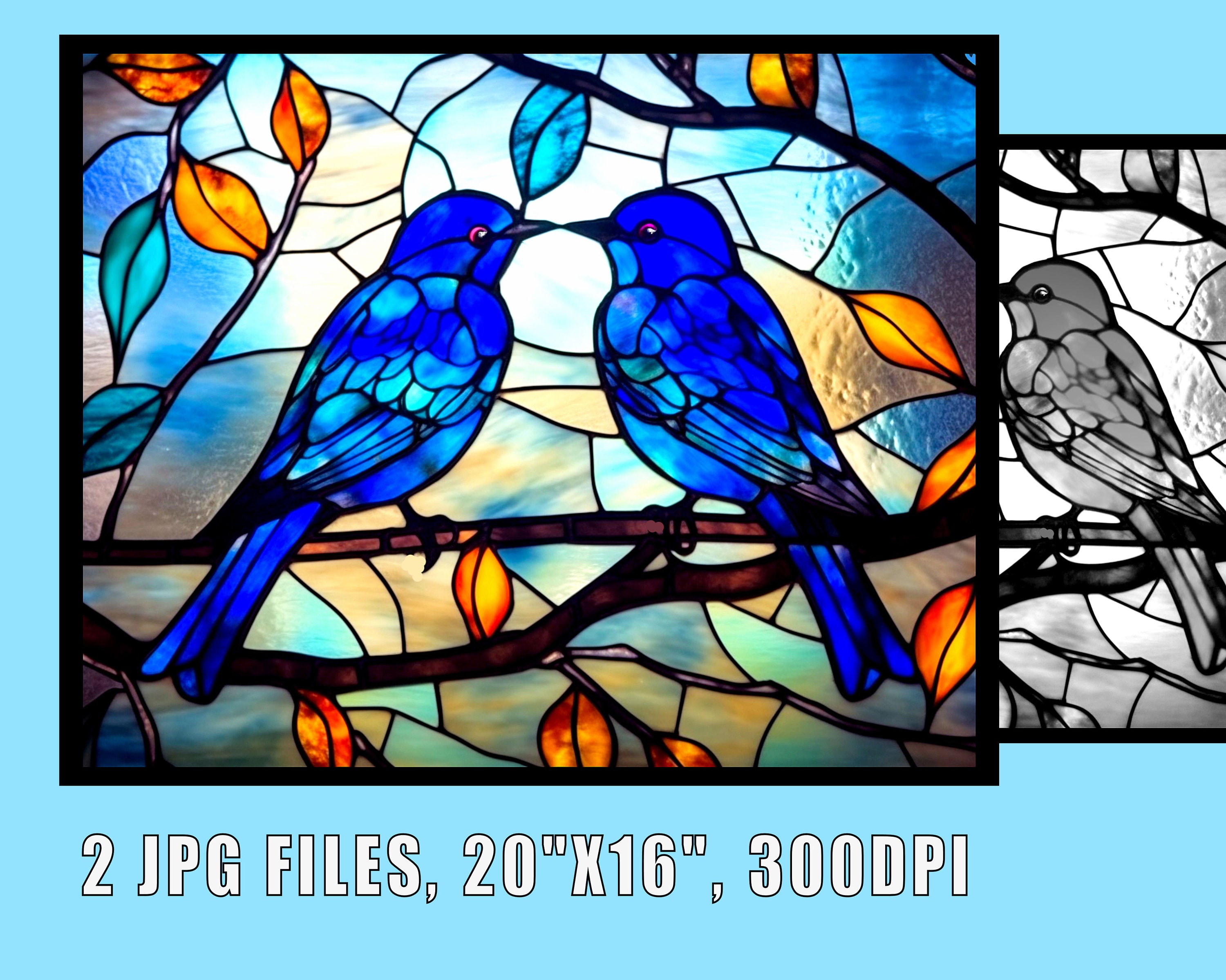 Two Blue Bird Stained Glass Pattern Print, Download Digital Art, 2 ...