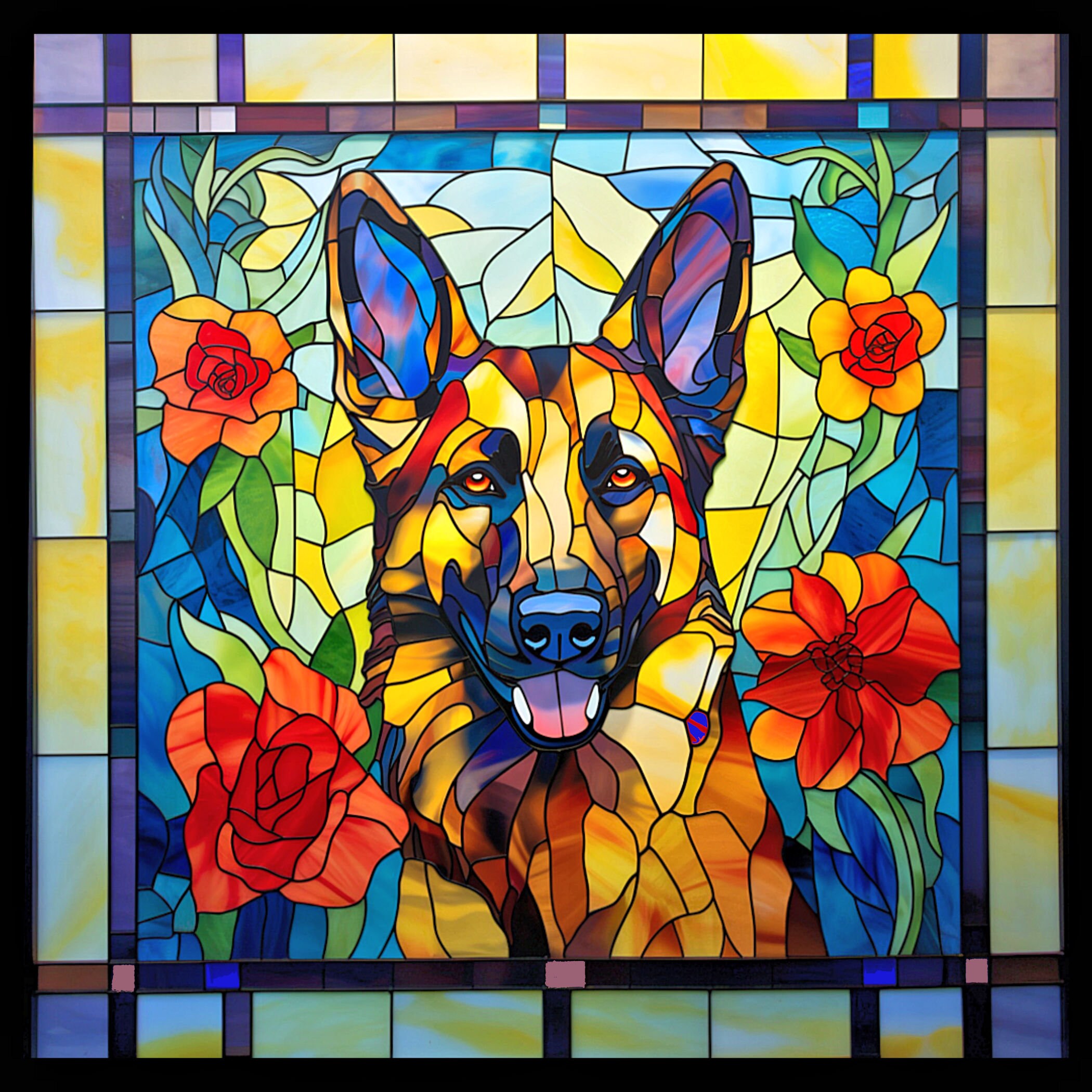 German Shepherd Dog Floral Stained Glass Style Print Download Digital ...