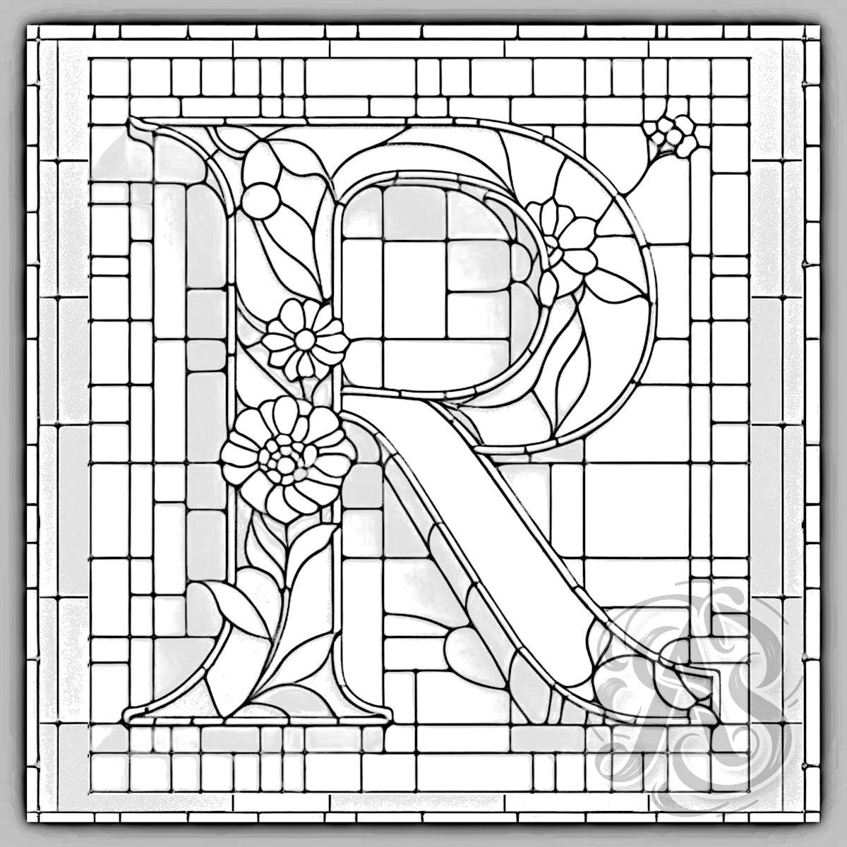 Floral Initial Letter R Stained Glass Pattern Print, Download Digital ...