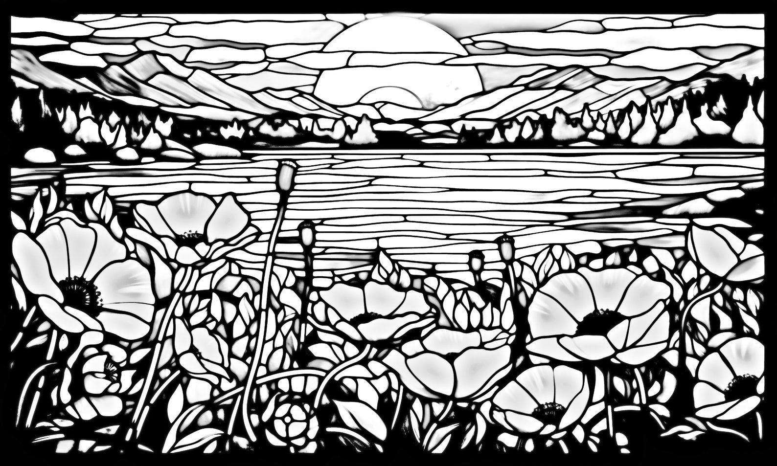 Sunrise Over Poppy Field Stained Glass Pattern Print, Download Digital ...