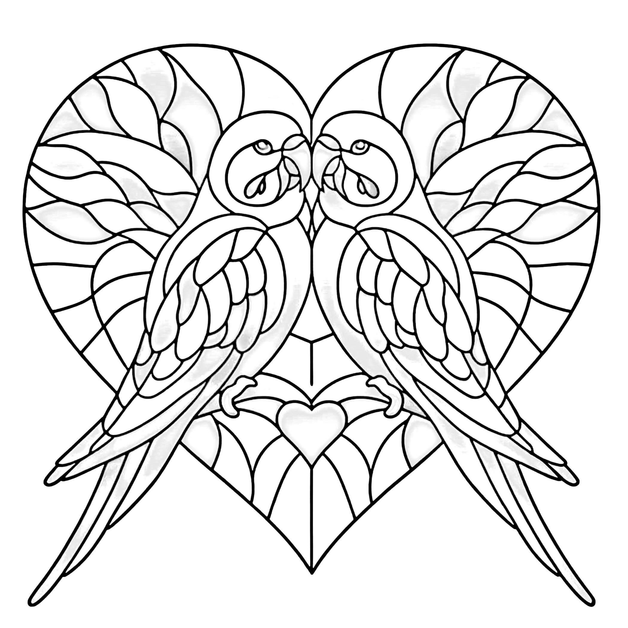 Two Parakeets Heart Stained Glass Pattern Print, Download Digital JPG ...