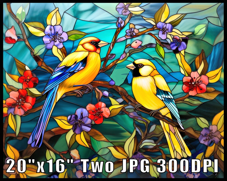 Goldfinch Bird Floral Stained Glass Style Print, Download Digital Art ...
