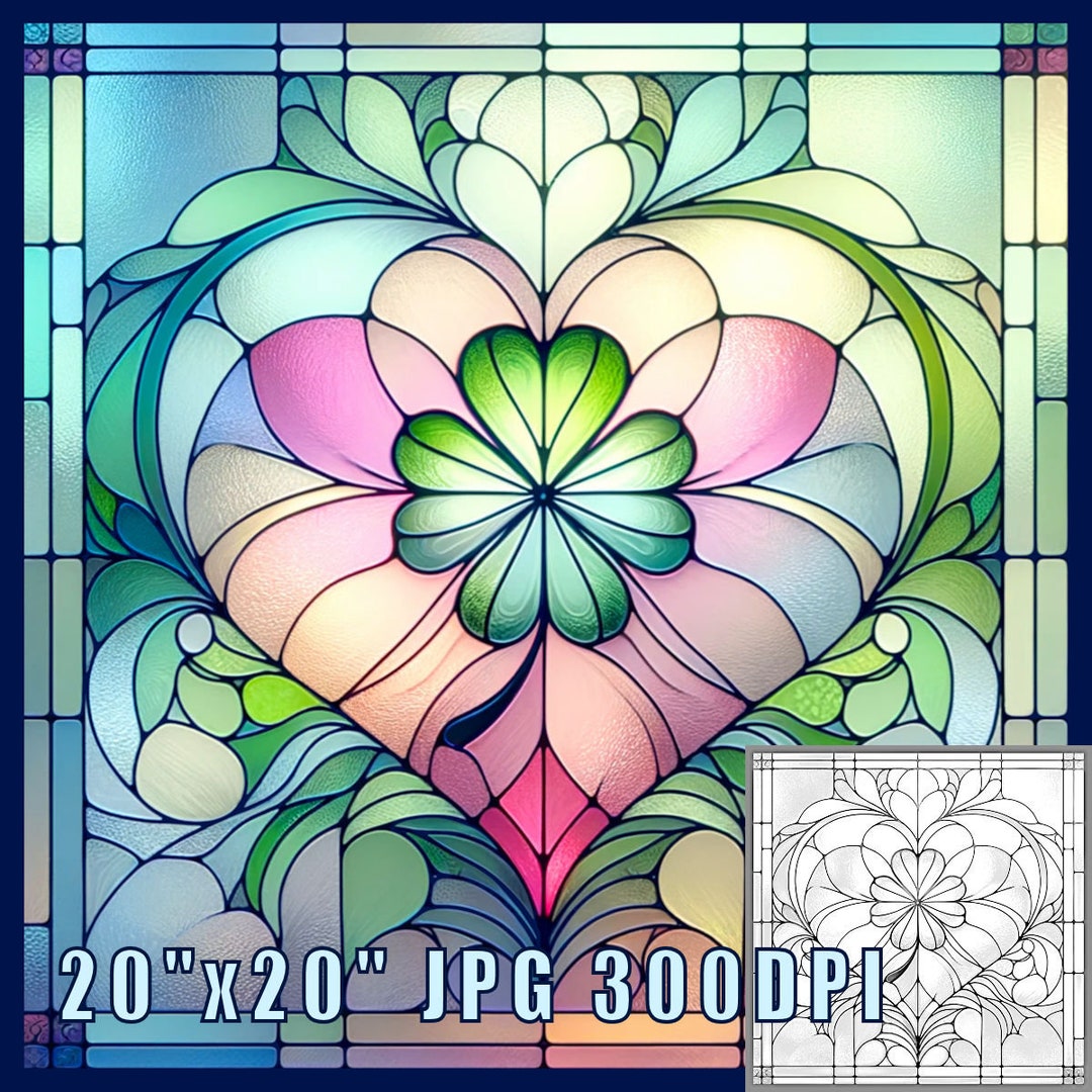 Clover Heart Stained Glass Pattern Prints, Download Digital Art ...