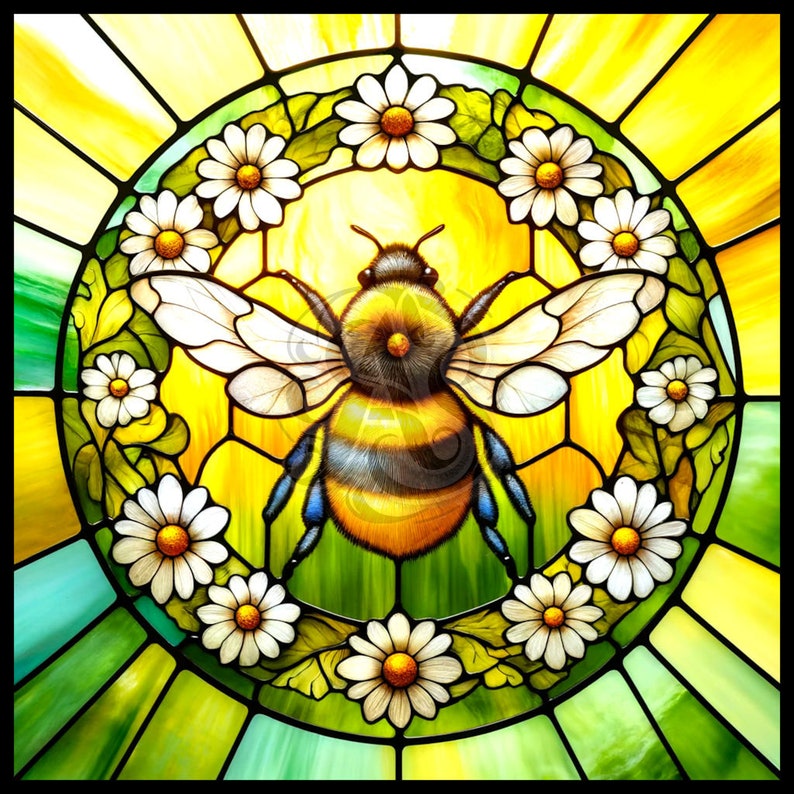 Bee Floral Stained Glass Pattern Print, Download Digital Art, up to ...