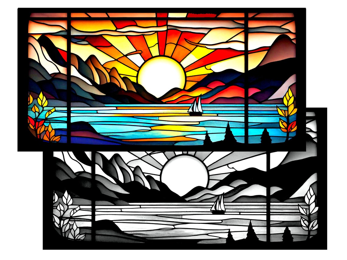 Sunrise Over Lake Stained Glass Window Pattern Print, Download Digital ...