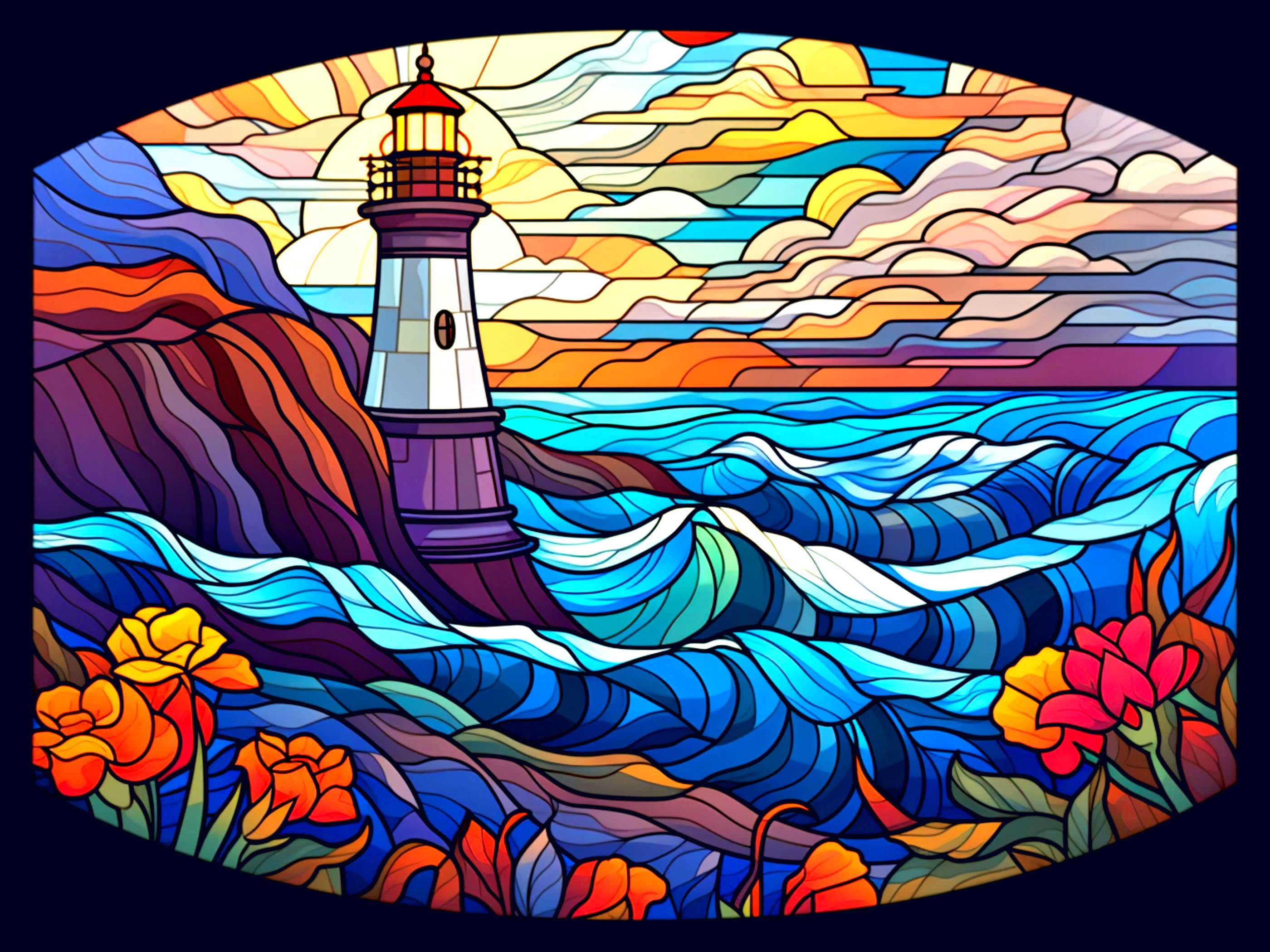 Light House Stained Glass Window Pattern Print, Download Digital Art ...