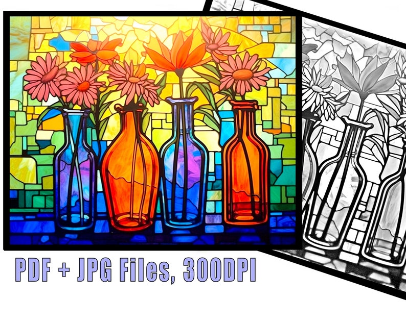 Stained Glass Flowers in Vase Pattern Print Download Digital - Etsy