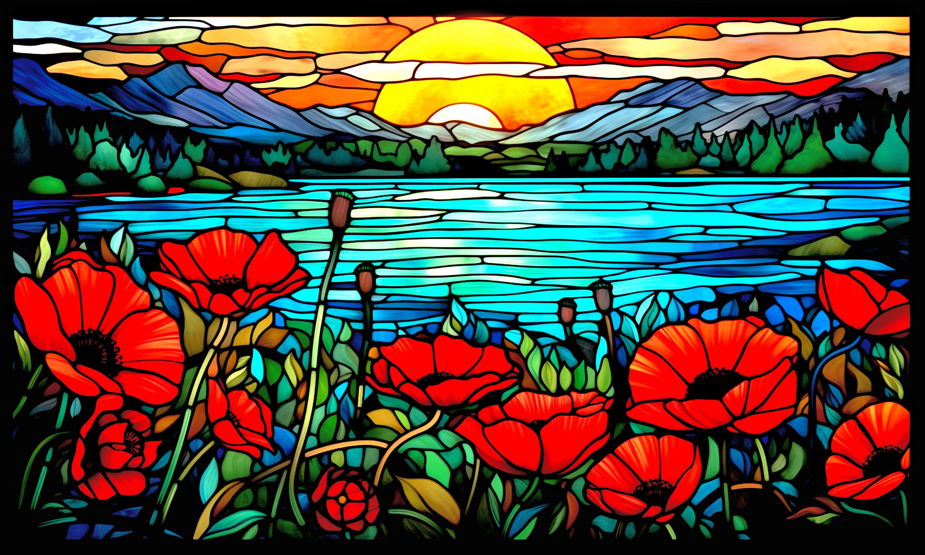 Sunrise Over Poppy Field Stained Glass Pattern Print, Download Digital ...