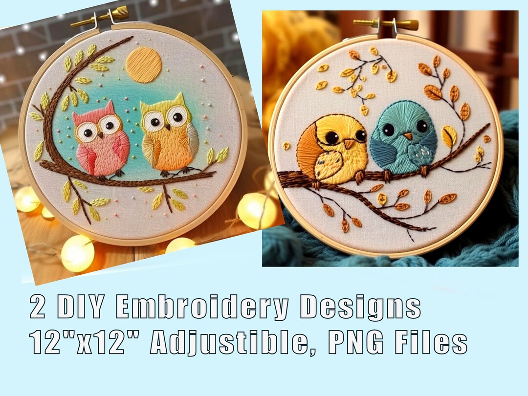 Two Cute Bird Embroidery Pattern Prints, DIY Hand Embroidery, PNG & PDF ...