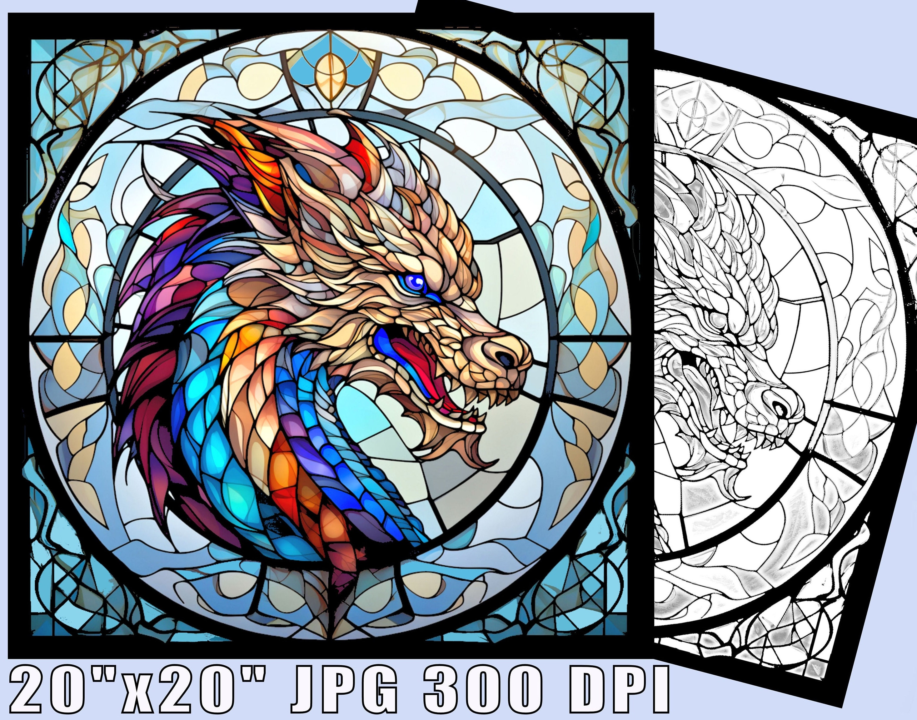 Colorful Dragon Stained Glass Pattern Print, Download Digital Wall Art ...