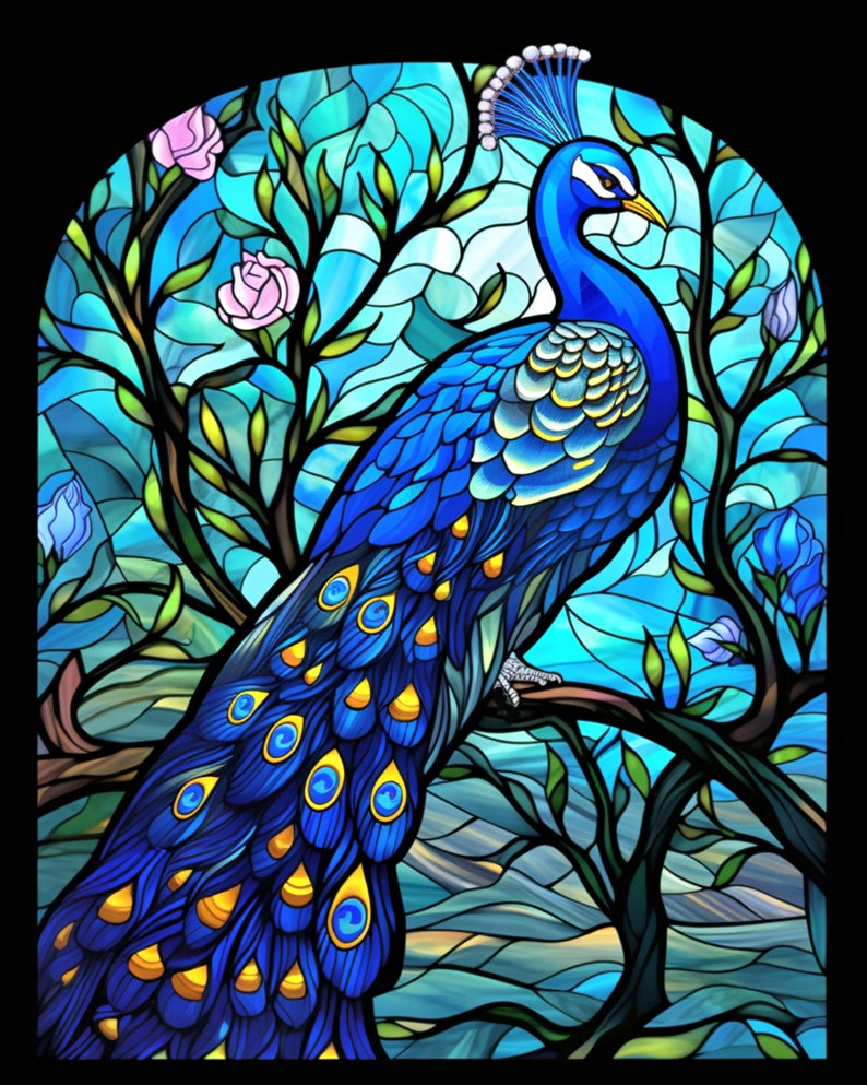 Peacock Window Stained Glass Pattern Print, Download Digital Art ...