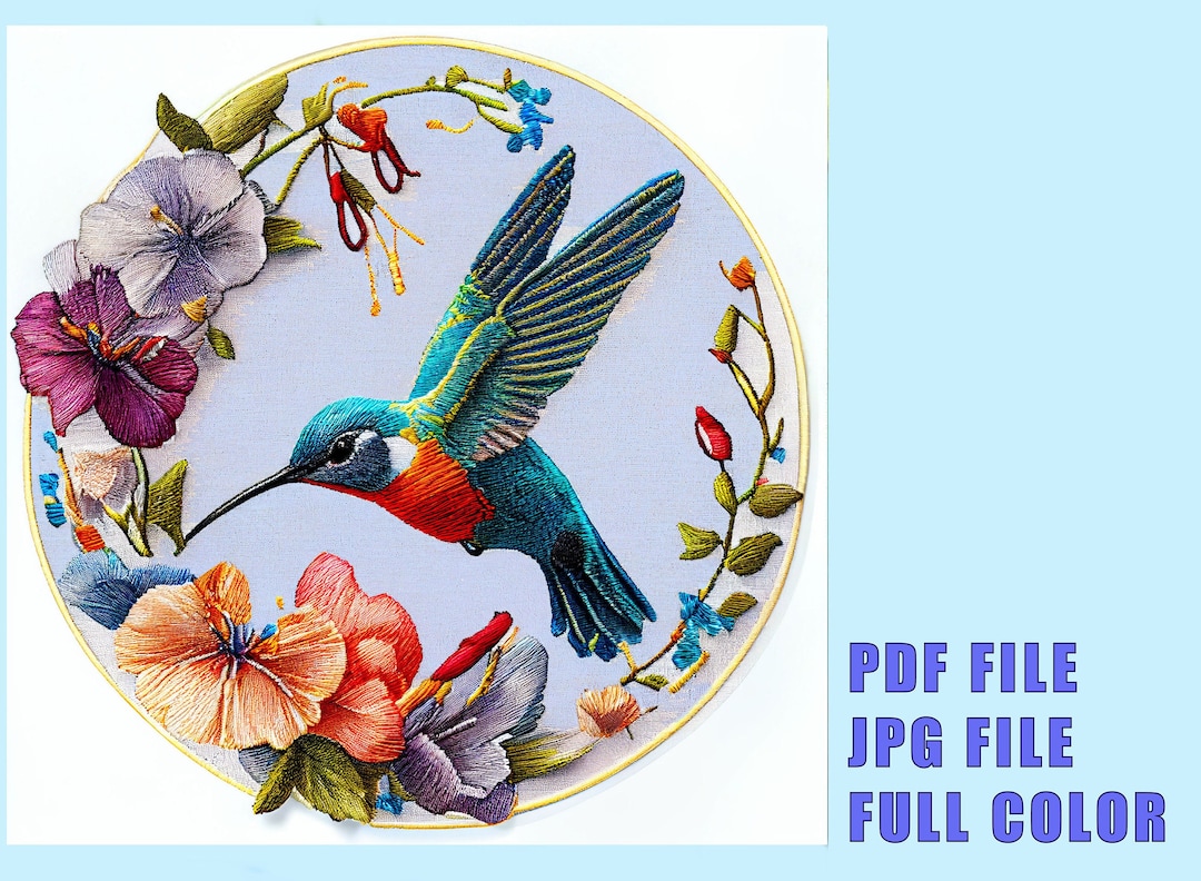 Hummingbird Floral Embroidery Pattern Print DIY Hand Embroidery JPG ...