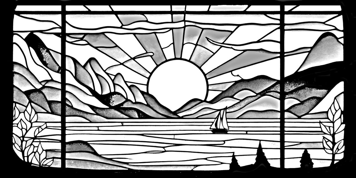 Sunrise Over Lake Stained Glass Window Pattern Print, Download Digital ...