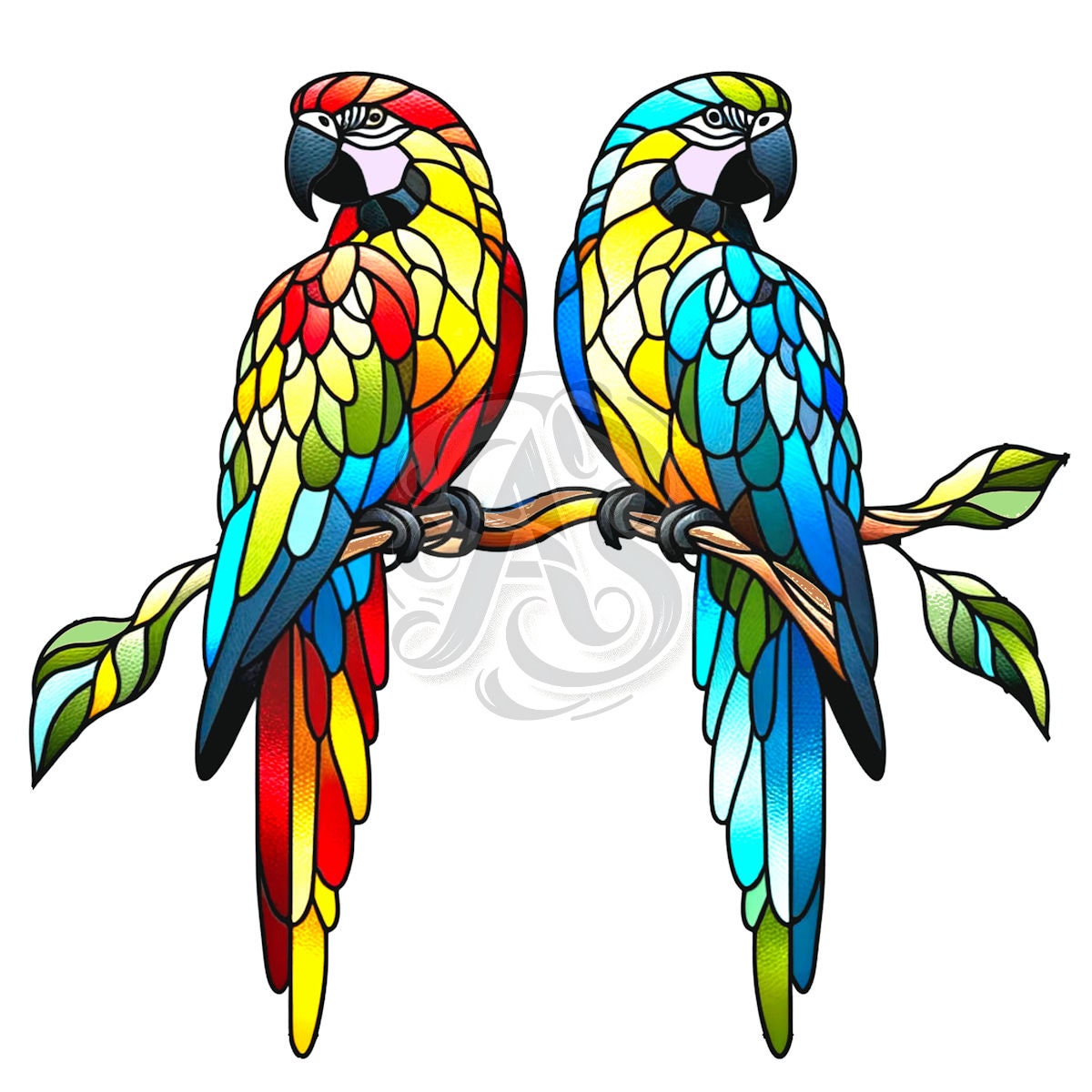 Two Tropical Parrots Stain Glass Pattern Print, JPG Files Stain Glass ...