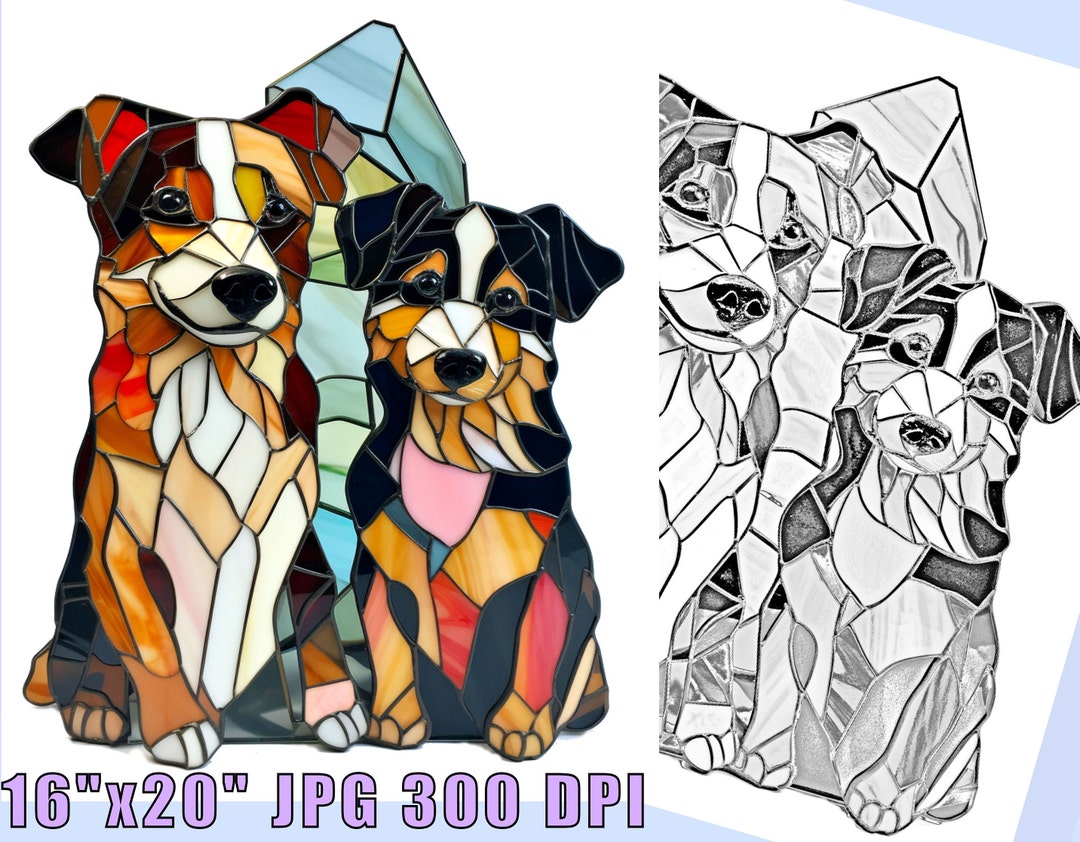 Two Colorful Dogs Stained Glass Pattern Print Download Digital Art ...