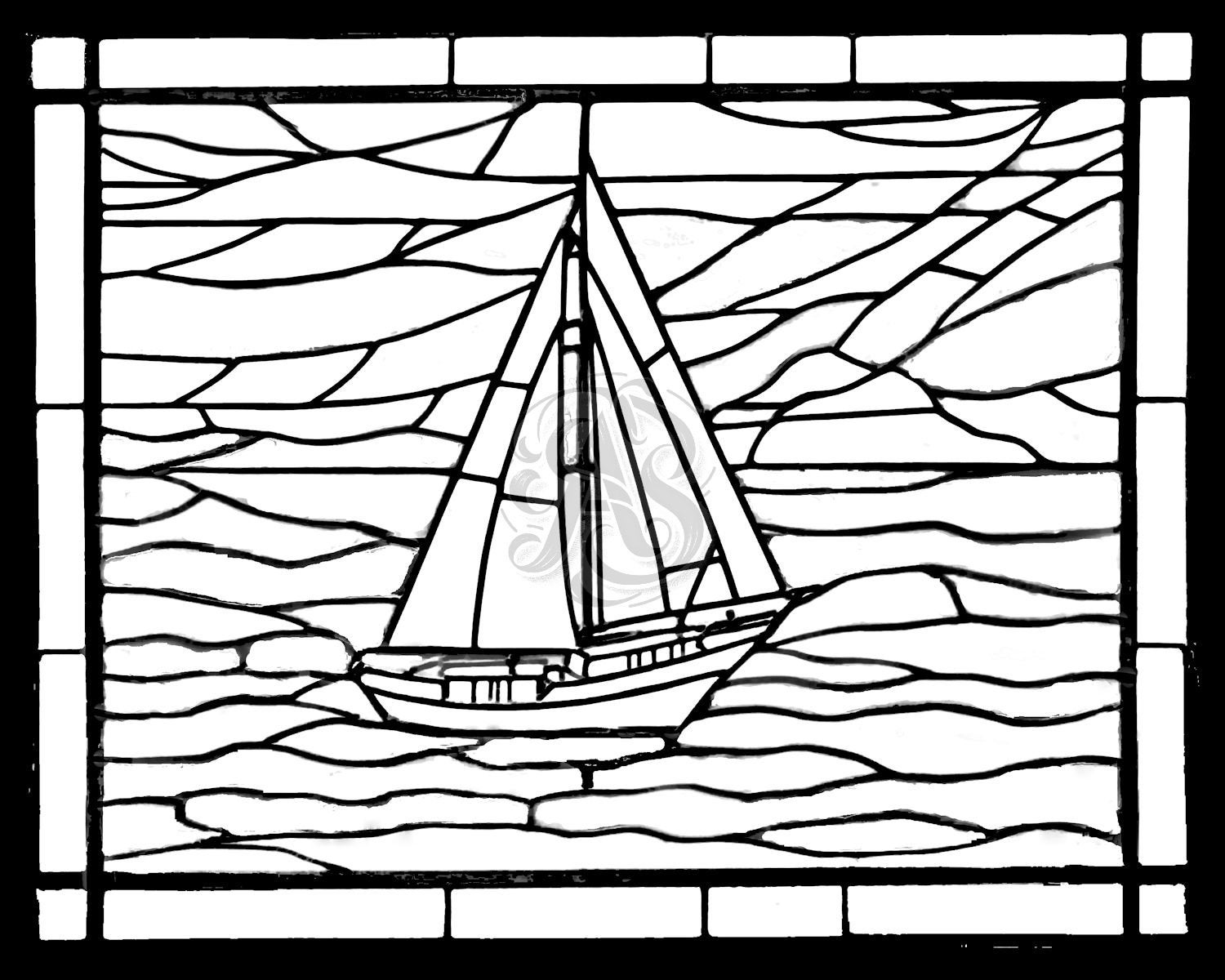 Sailboat on Ocean Stained Glass Pattern Print, Download Landscape ...