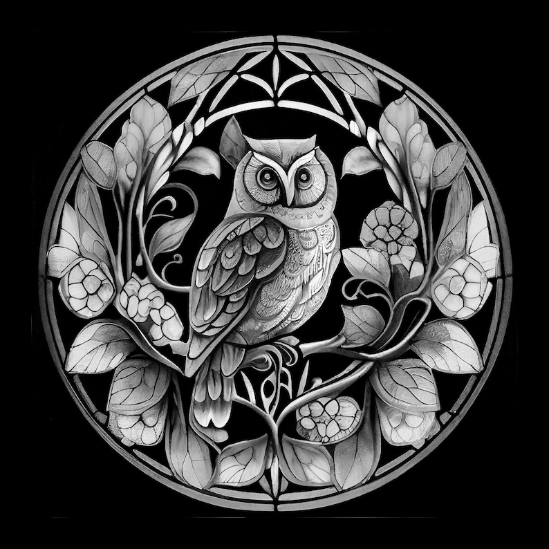 Round Owl Night Stained Glass Style Print, Download Digital Art ...